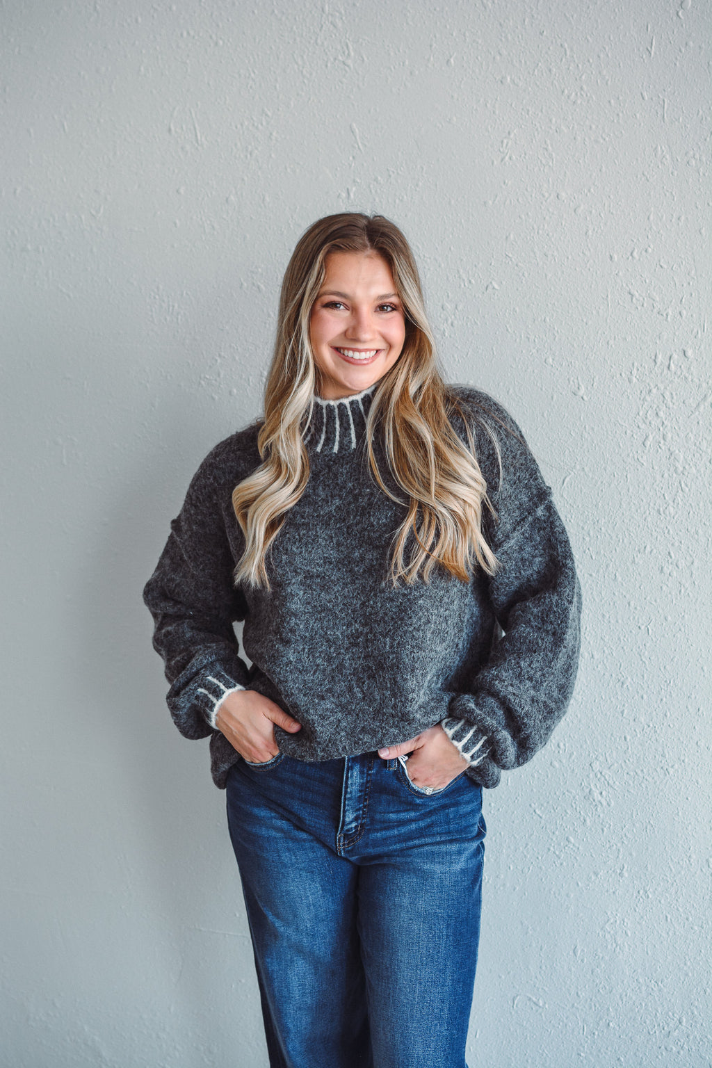 Grey Threaded Contrast Sweater – Rhinestones and Roses