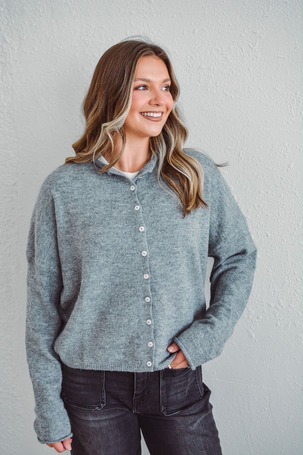 Heather Grey Piper Cardigan – Rhinestones and Roses